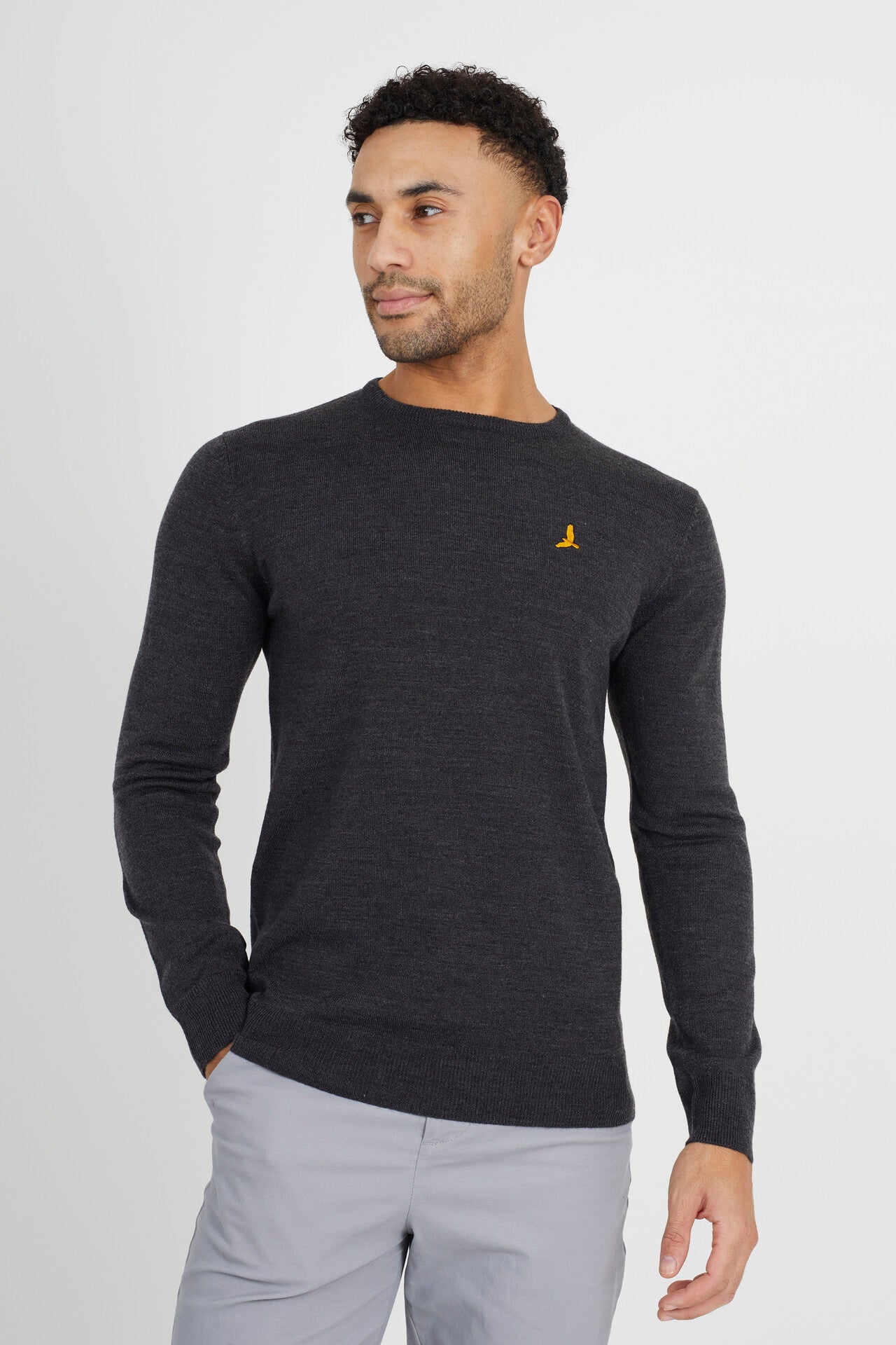 MENS WHOLESALE DARK CHARCOAL MARL FLAT KNIT JUMPER WITH BADGE ...